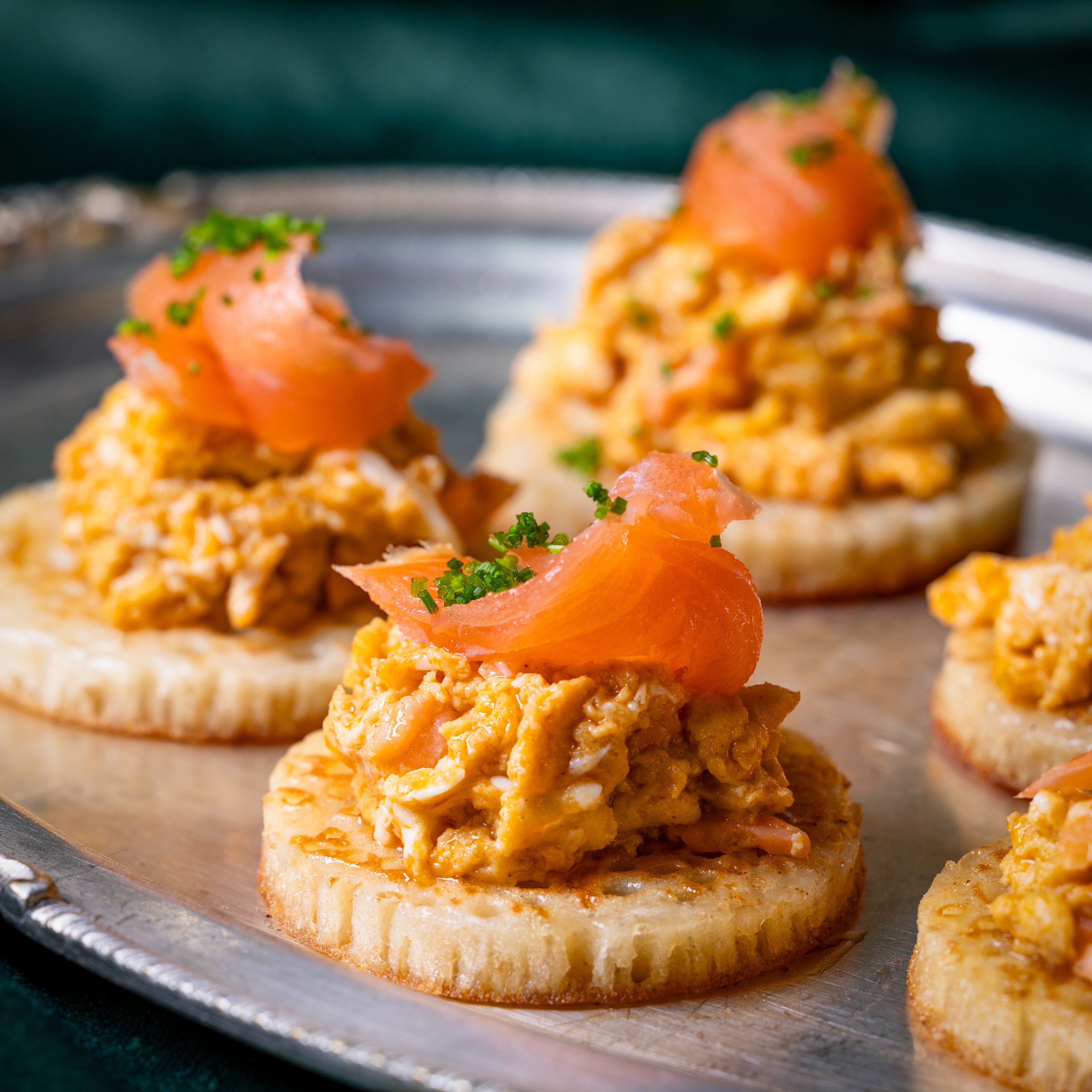 Lasooni Scrambled Egg and Smoked Salmon Blinis – Gymkhana Fine Foods